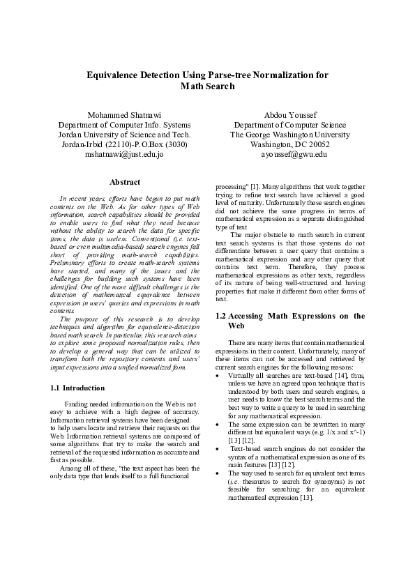Pdf Equivalence Detection Using Parse Tree Normalization For Math Search