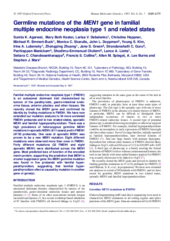 (PDF) Germline mutations of the MEN1 gene in familial multiple ...