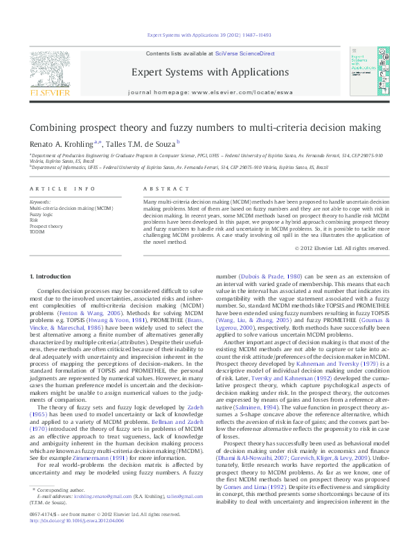 (PDF) Combining prospect theory and fuzzy numbers to multi-criteria decision making