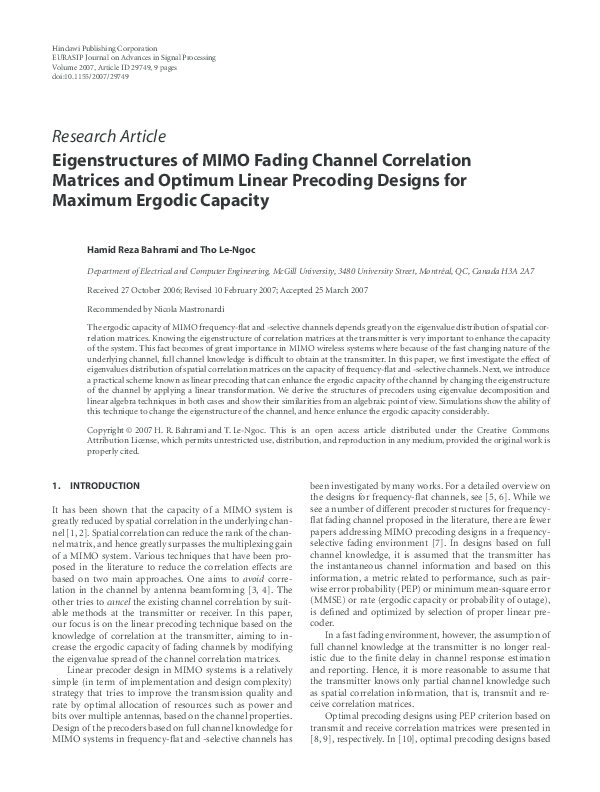 (PDF) Eigenstructures of MIMO Fading Channel Correlation Matrices and Optimum Linear Precoding ...