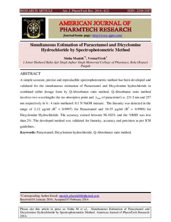 Pdf Simultaneous Estimation Of Paracetamol And Dicyclomine
