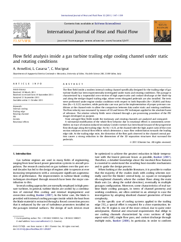 (PDF) Flow field analysis inside a gas turbine trailing edge cooling channel under static and ...
