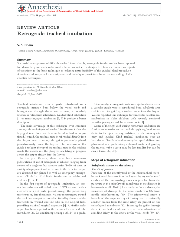 (PDF) Retrograde tracheal intubation