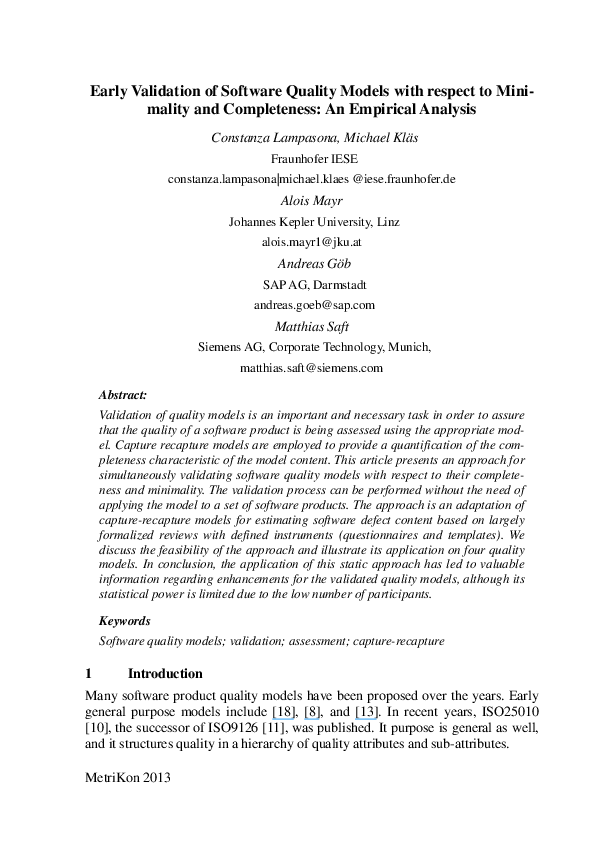 (PDF) Early Validation of Software Quality Models with respect to Minimality and Completeness ...