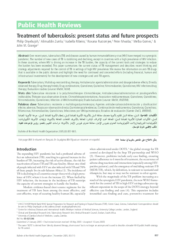 (PDF) Treatment of tuberculosis: present status and future prospects