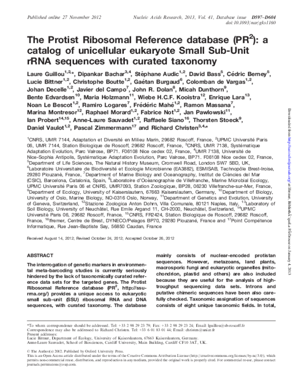 (PDF) The Protist Ribosomal Reference database (PR2): a catalog of unicellular eukaryote Small ...