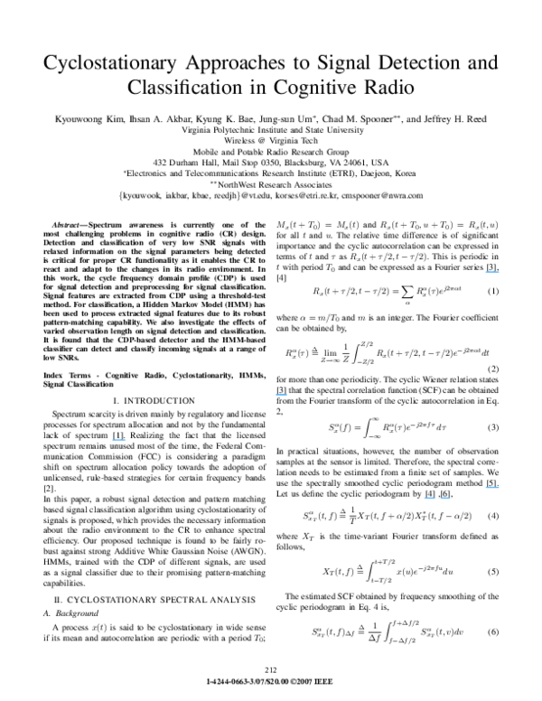 Pdf Cyclostationary Approaches To Signal Detection And Classification In Cognitive Radio