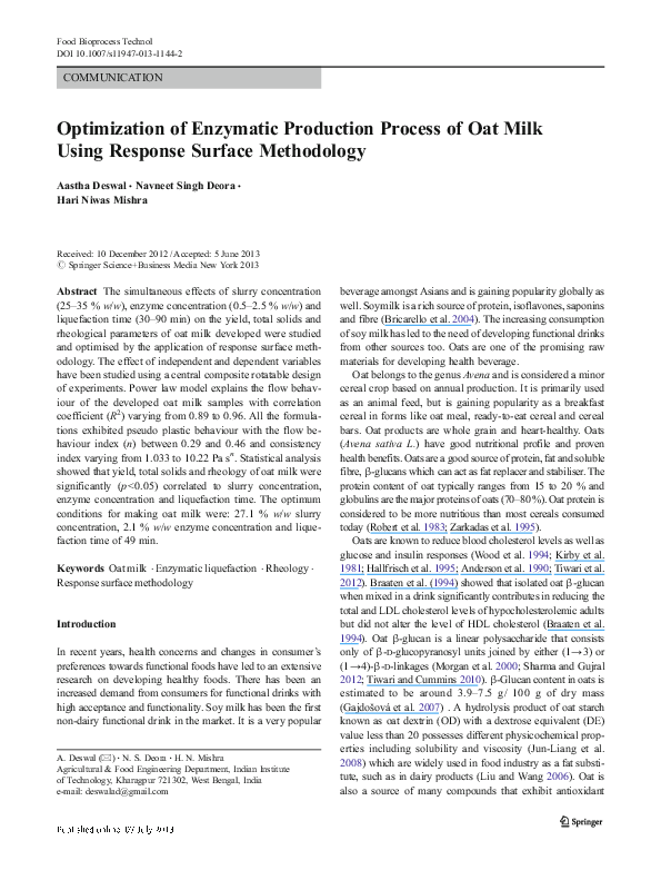 (PDF) Optimization of Enzymatic Production Process of Oat Milk Using ...