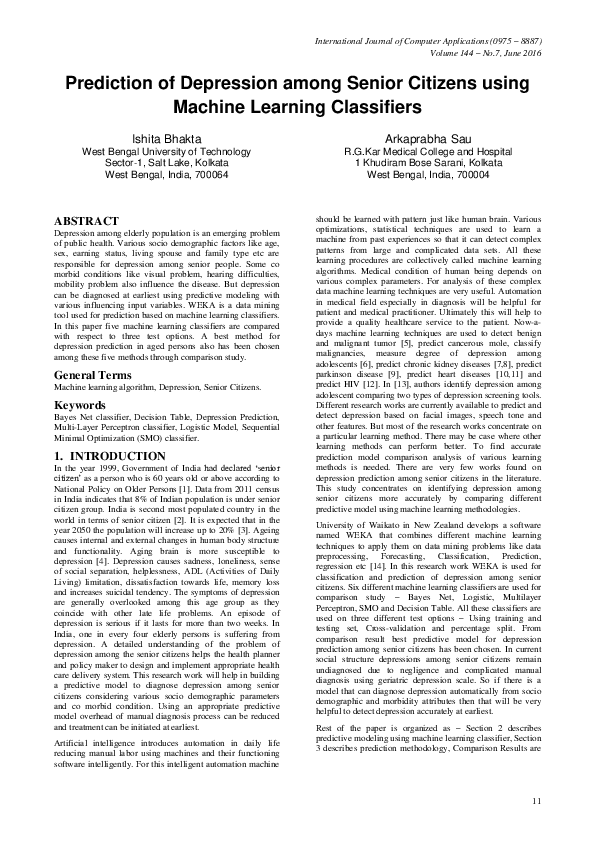 (PDF) Prediction of Depression among Senior Citizens using Machine ...
