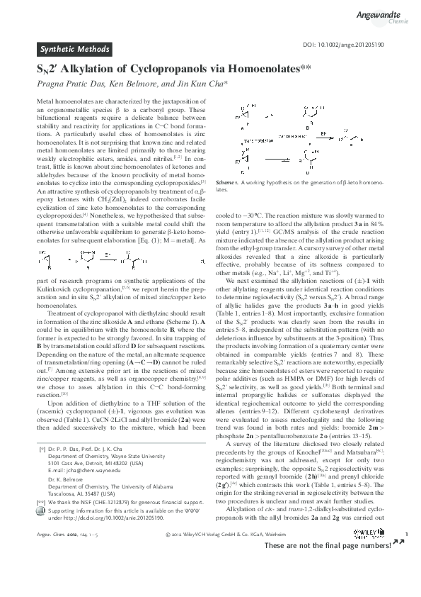 (PDF) SN2′ Alkylation of Cyclopropanols via Homoenolates