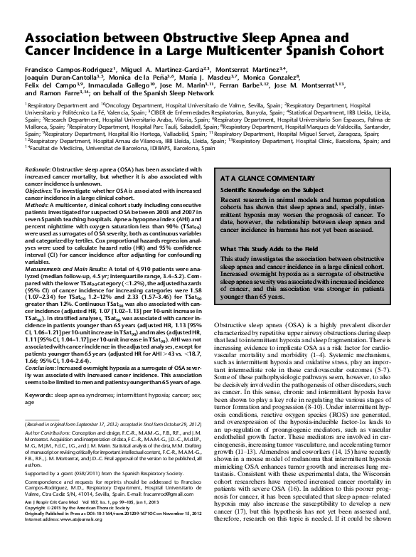 Pdf Association Between Obstructive Sleep Apnea And Cancer Incidence In A Large Multicenter
