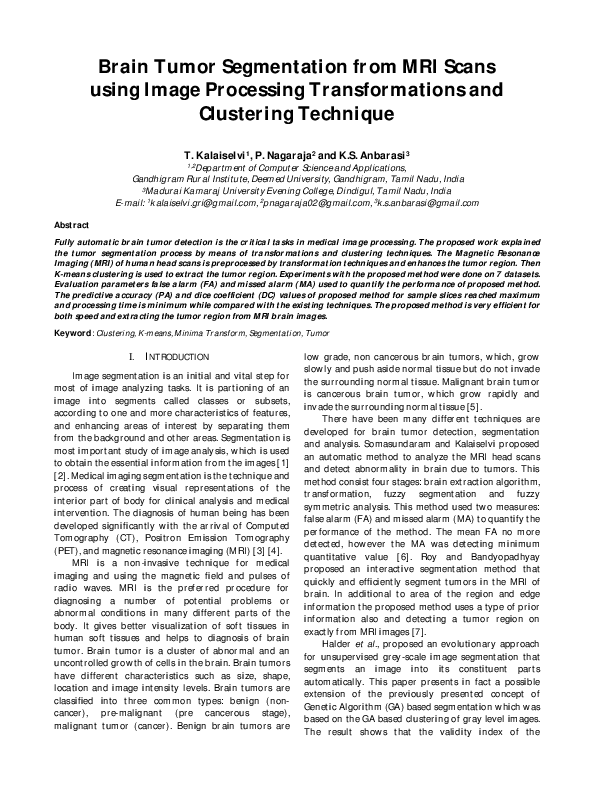 Pdf Identification Of Brain Tumor From Mri Images Using Segmentation Sheron Christy
