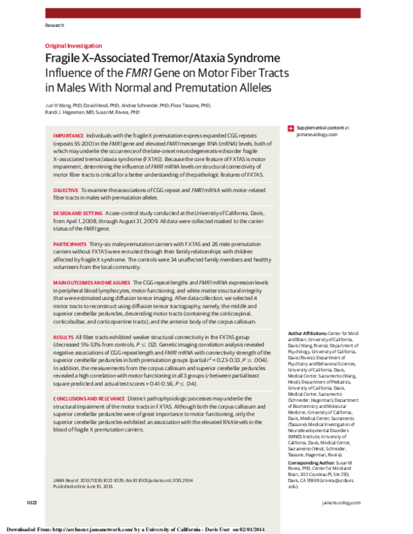 (PDF) Fragile X‐associated tremor/ataxia syndrome: Intrafamilial variability and the size of the ...