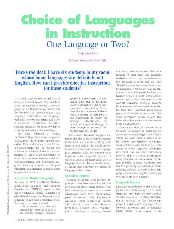 (PDF) Choice of languages in instruction: One language or two?