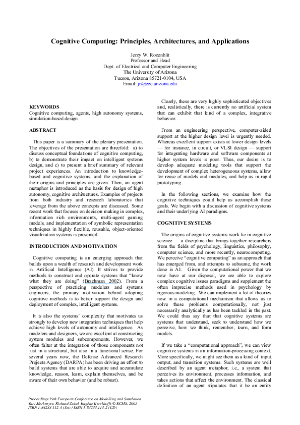 (PDF) Cognitive Computing: Principles, Architectures, and Applications