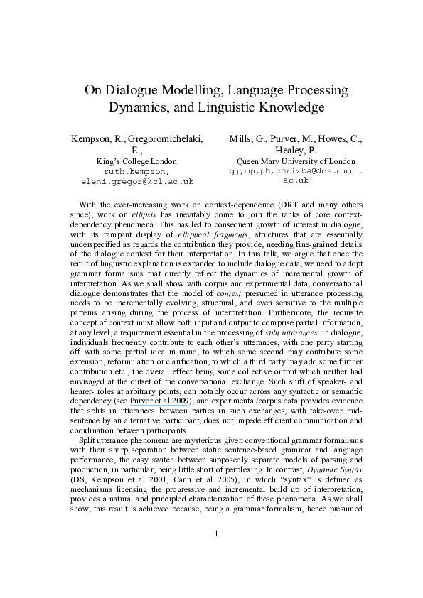 (PDF) On Dialogue Modelling, Language Processing Dynamics, and Linguistic Knowledge