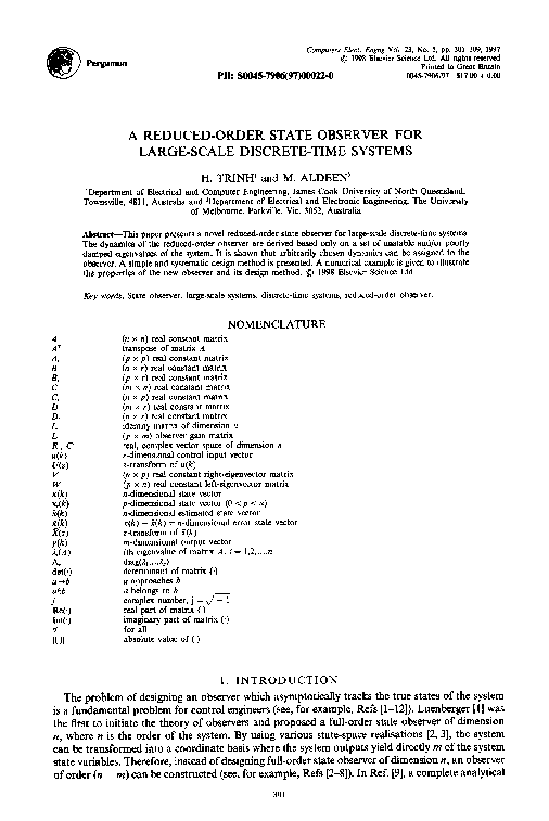 Pdf A Reduced Order State Observer For Large Scale Discrete Time