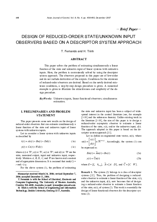 (PDF) Design of Reduced-Order State/Unknown Input Observers Based on a Descriptor System Approach