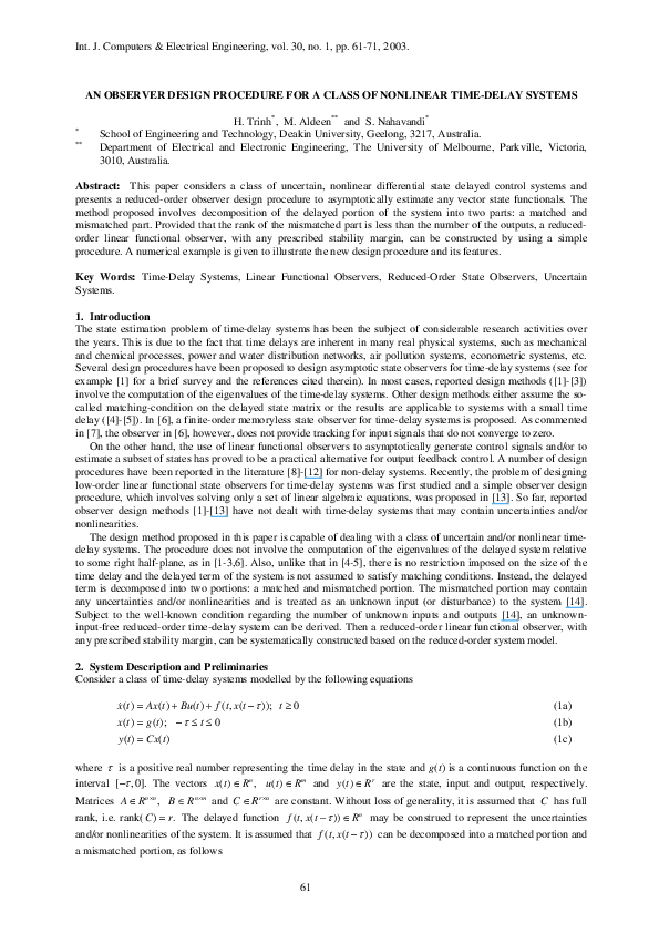 (PDF) An observer design procedure for a class of nonlinear time-delay systems