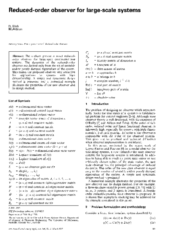 Pdf Reduced Order Observer For Large Scale Systems