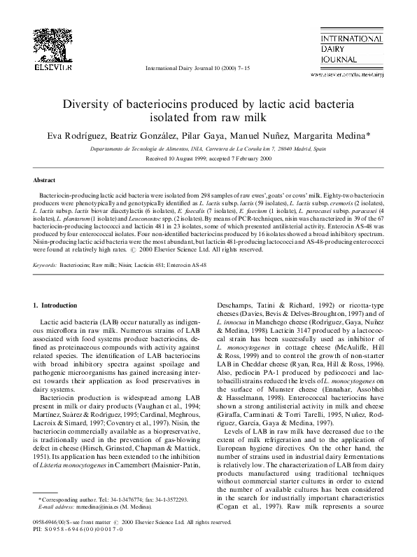 (PDF) Diversity of bacteriocins produced by lactic acid bacteria isolated from raw milk