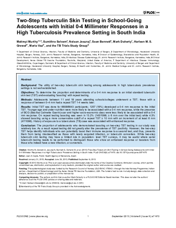 (PDF) Two-Step Tuberculin Skin Testing in School-Going Adolescents with ...