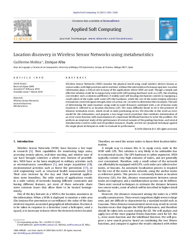 Pdf Location Discovery In Wireless Sensor Networks Using Metaheuristics