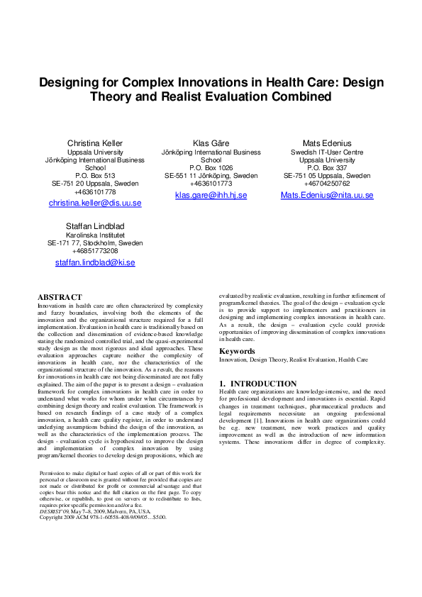 (PDF) Designing for complex innovations in health care