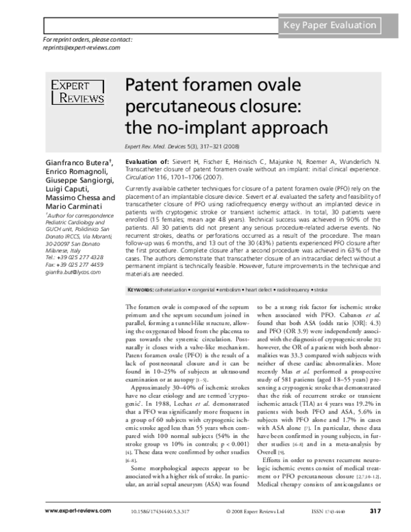 (PDF) Patent foramen ovale percutaneous closure: the no-implant approach