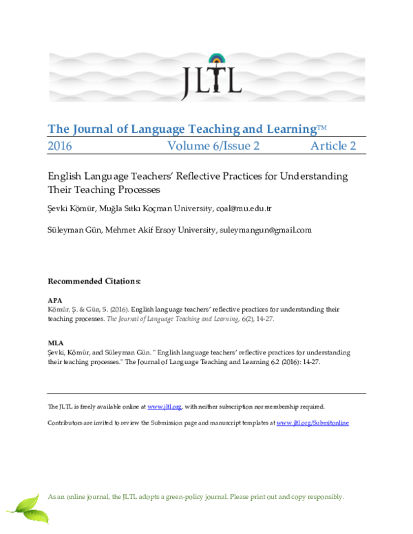 (PDF) English Language Teachers' Reflective Practices for Understanding ...