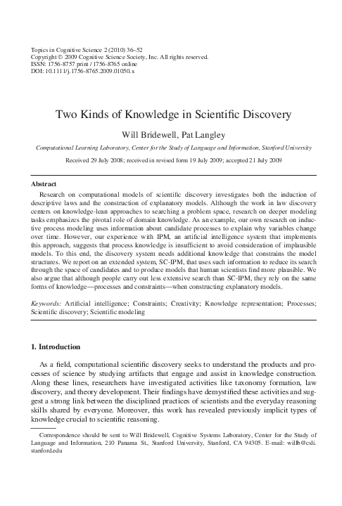 (PDF) Two Kinds of Knowledge in Scientific Discovery | Will Bridewell ...