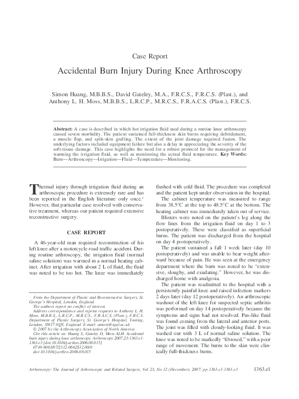 (PDF) Accidental Burn Injury During Knee Arthroscopy