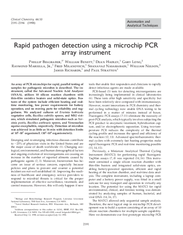 Pdf Rapid Pathogen Detection Using A Microchip Pcr Array Instrument