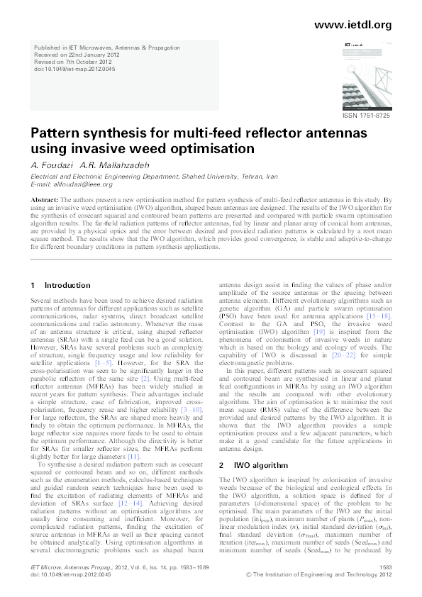 (PDF) Pattern synthesis for multi-feed reﬂector antennas using invasive weed optimisation
