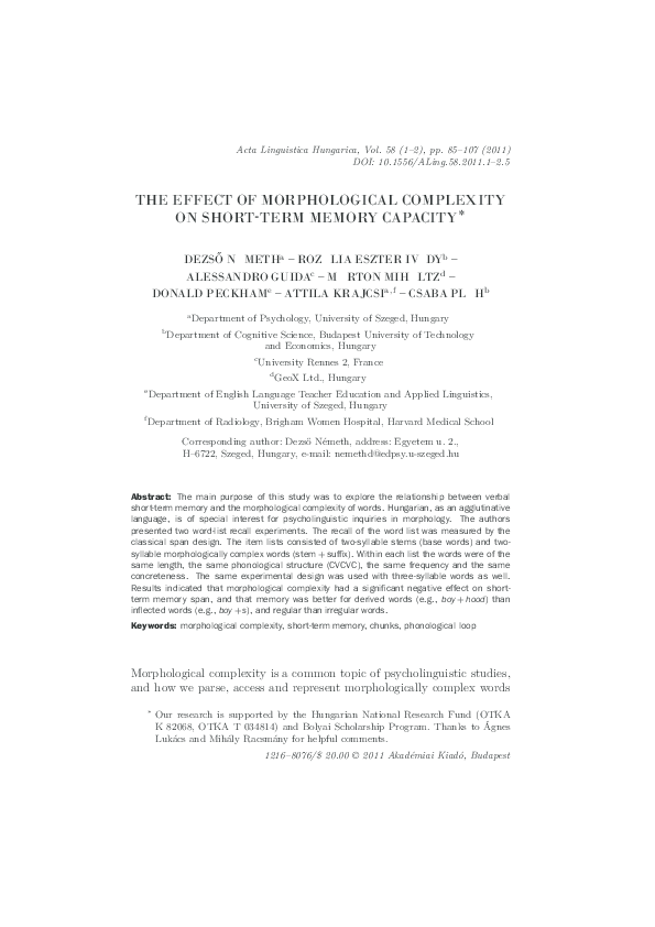 (PDF) The Effect of Morphological Complexity on Short-Term Memory Capacity
