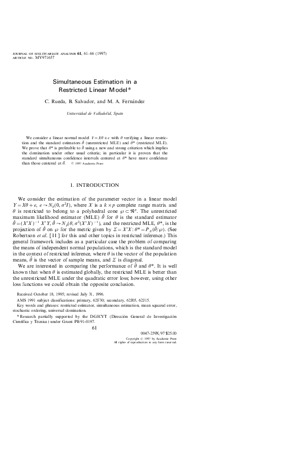 Pdf Simultaneous Estimation In A Restricted Linear Model