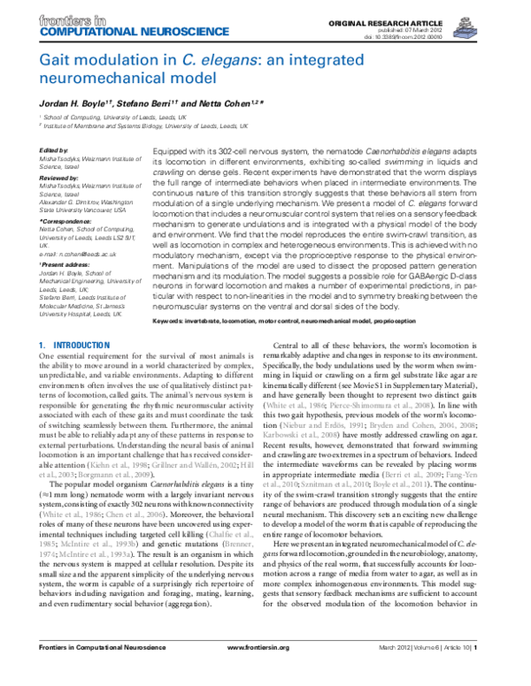 (PDF) Gait Modulation in C. elegans: An Integrated Neuromechanical Model