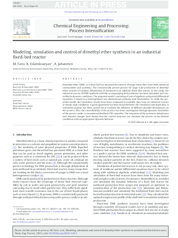 Pdf Modeling Simulation And Control Of Dimethyl Ether Synthesis In