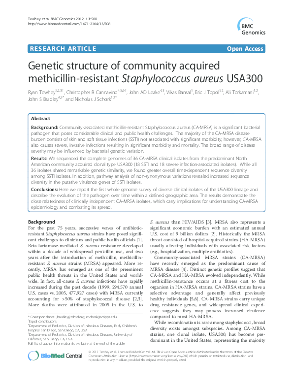(PDF) Genetic structure of community acquired methicillin-resistant Staphylococcus aureus USA300