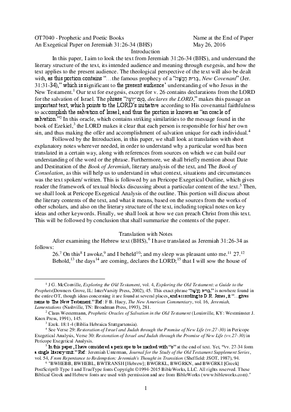 (PDF) An Exegetical Paper on Jeremiah 31:26-34 (BHS)