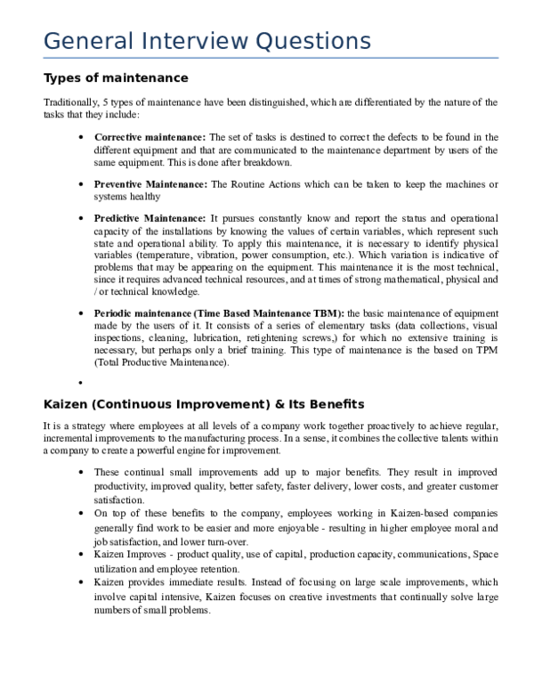 (DOC) General Interview Questions Types of maintenance