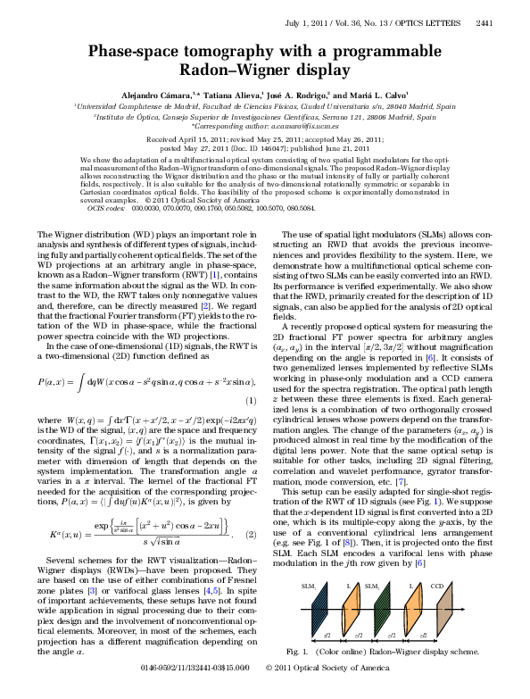 (PDF) Phase-space tomography with a programmable Radon–Wigner display