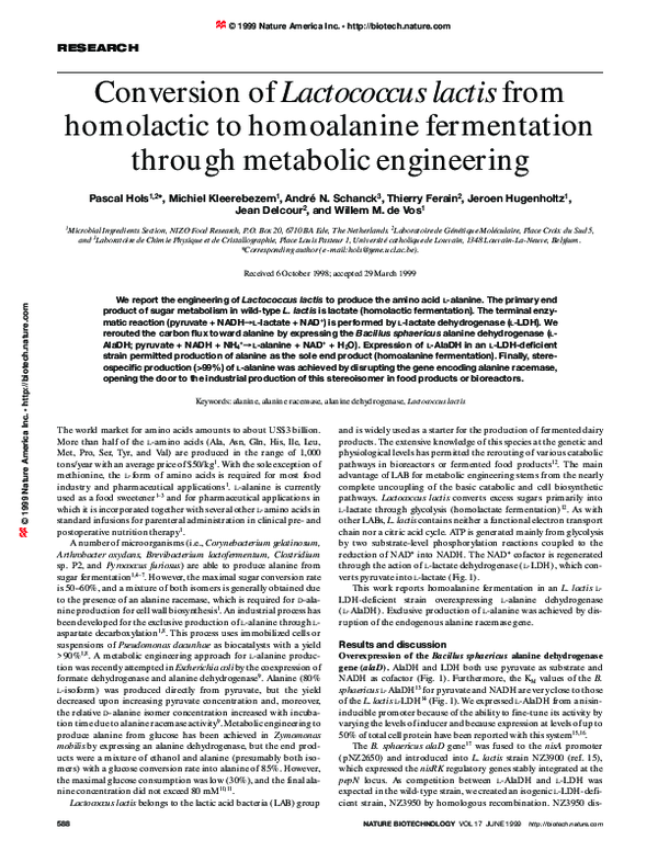 (PDF) Conversion of Lactococcus lactis from homolactic to homoalanine ...