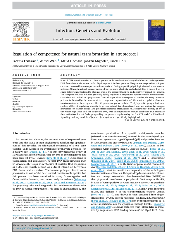 (PDF) Regulation of competence for natural transformation in streptococci