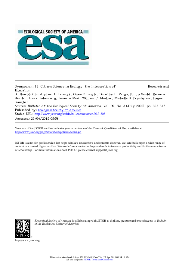 (PDF) ESA Symposium 18: Citizen Science in Ecology: the Intersection of ...