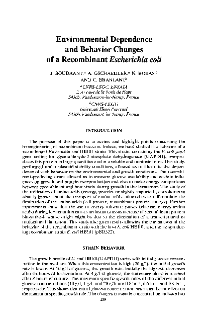 (PDF) Environmental Dependence and Behavior Changes of a Recombinant ...