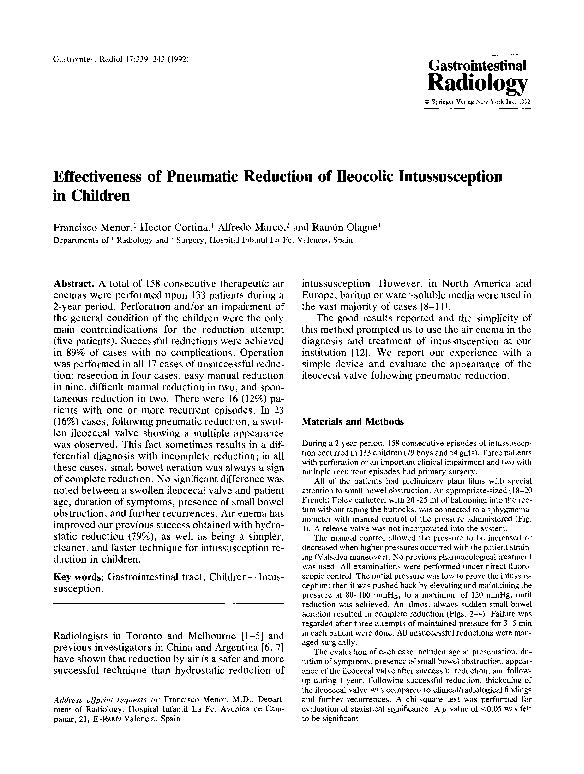 (PDF) Effectiveness of pneumatic reduction of ileocolic intussusception ...