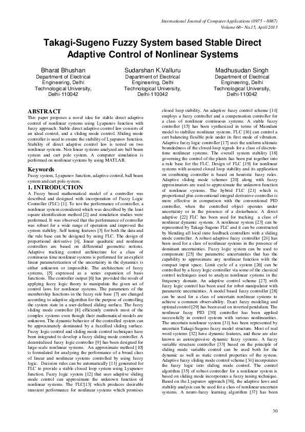 (PDF) Takagi-Sugeno Fuzzy System based Stable Direct Adaptive Control of Nonlinear Systems