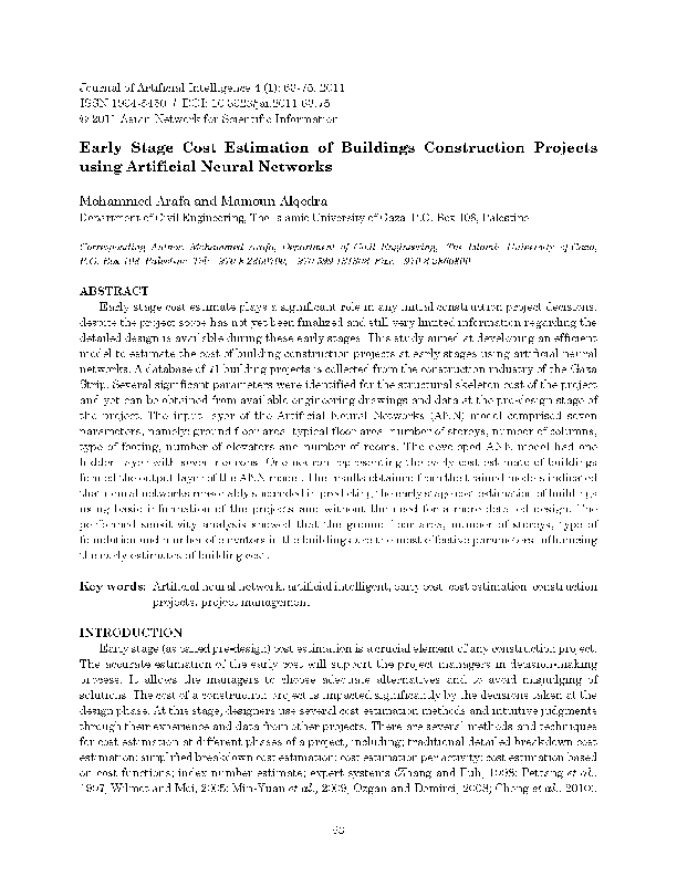 Pdf Early Stage Cost Estimation Of Buildings Construction Projects Using Artificial Neural