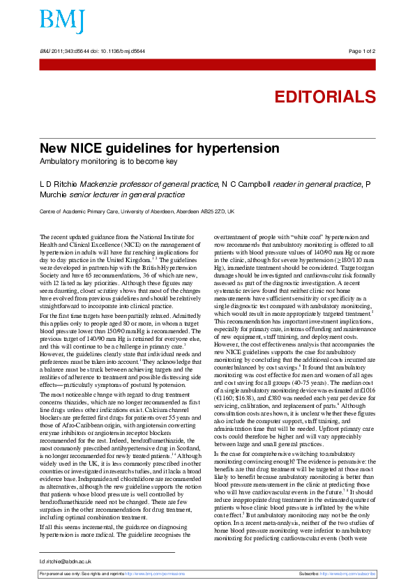 (PDF) New NICE guidelines for hypertension